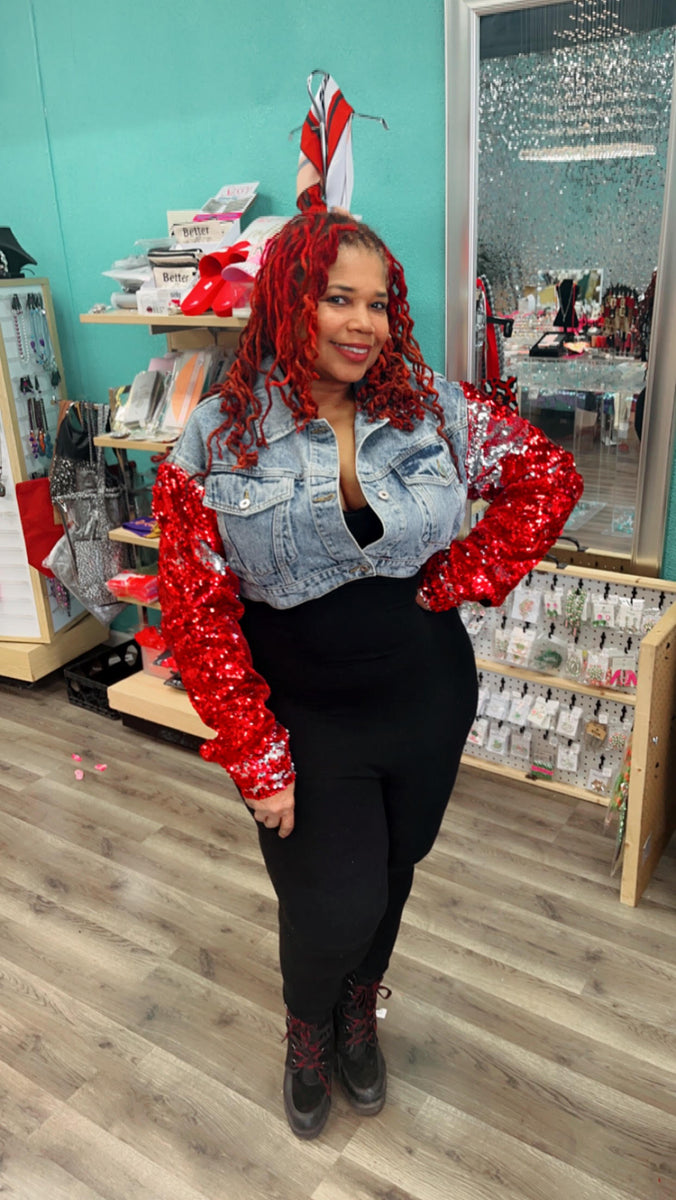 Delta Mermaid Sequin Denim crop Jacket – Tauntus Inc. Greek Store